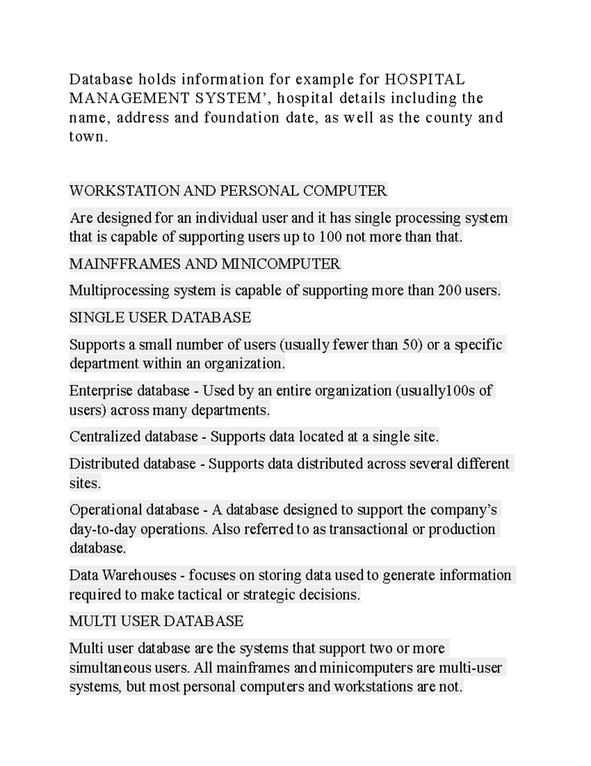 Database Topic 1 - Database holds information for example for HOSPITAL ...