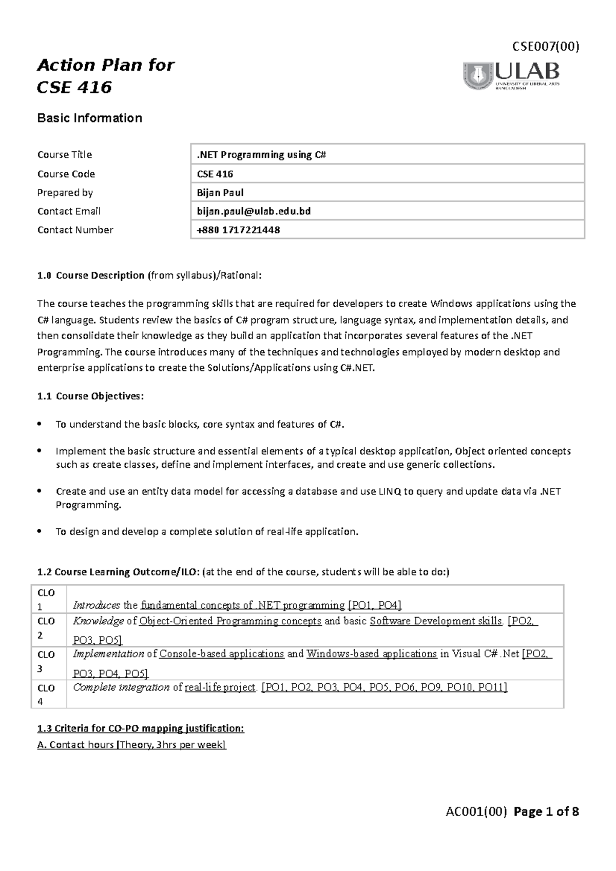 CSE-416 Action Plan - ... - Action Plan for CSE 416 Basic Information ...