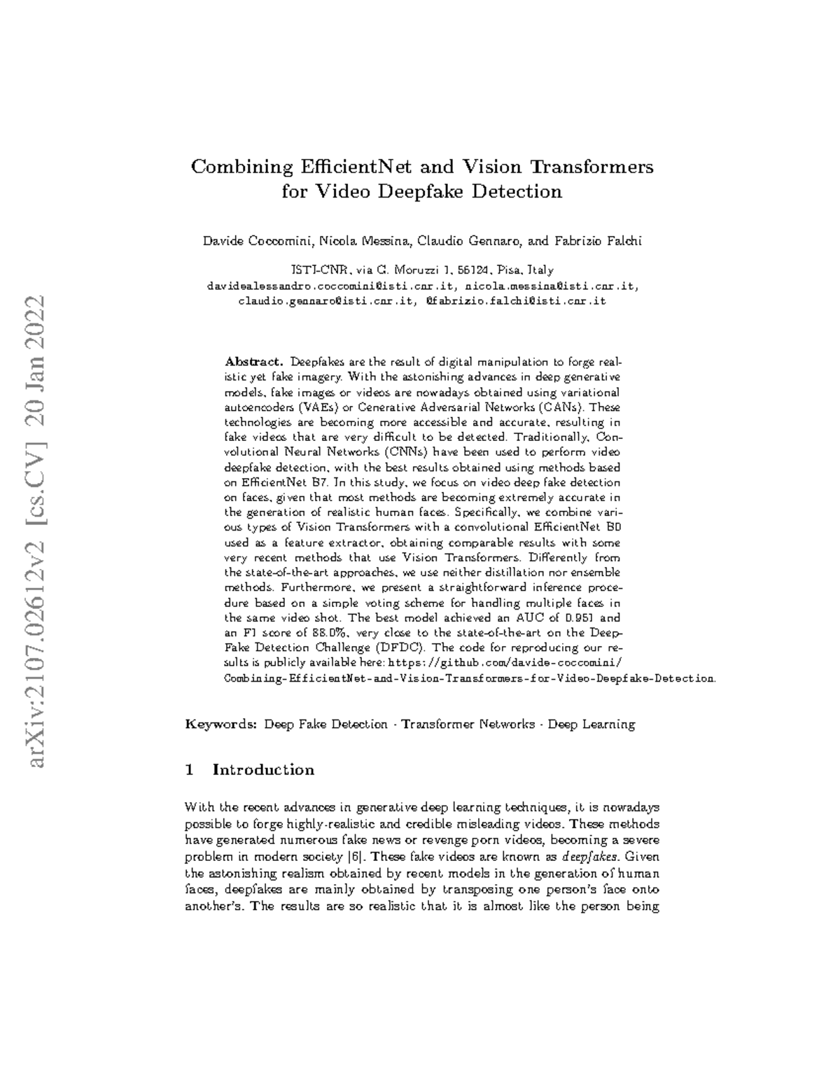 2107 - abc - Combining EfficientNet and Vision Transformers for Video Deepfake Detection Davide ...