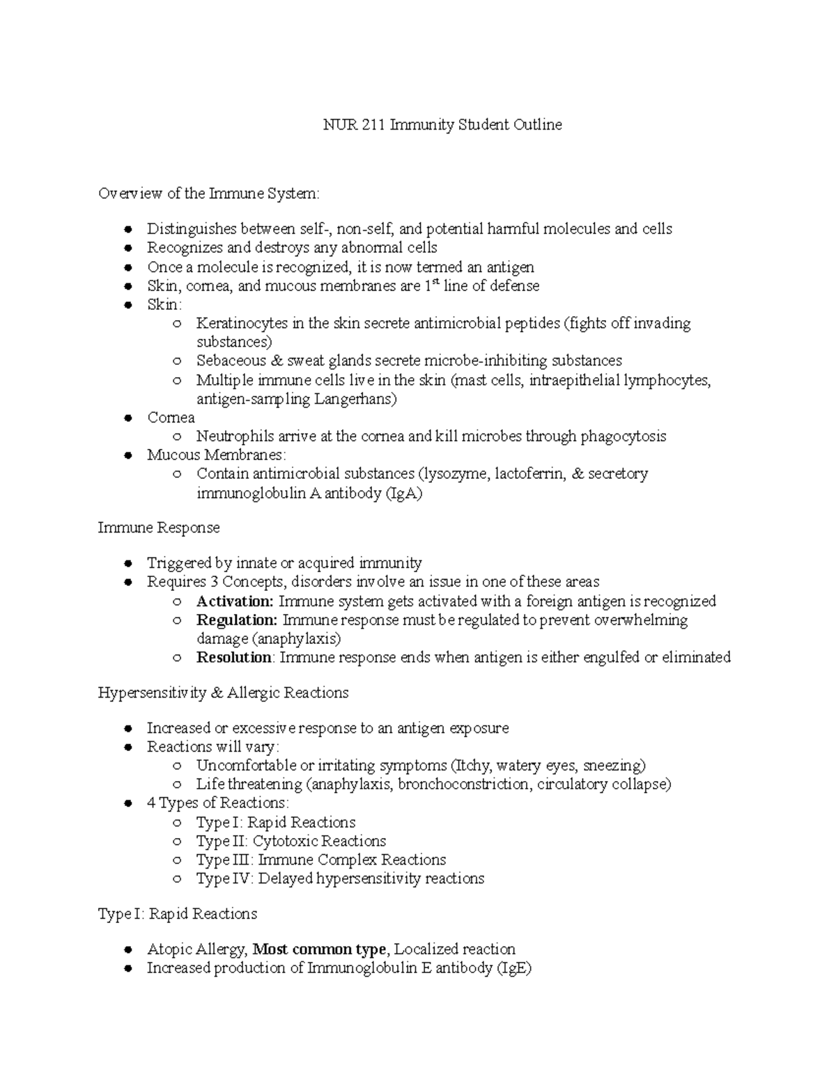 Joe s Immunity Class Notes - NUR 211 Immunity Student Outline Overview ...
