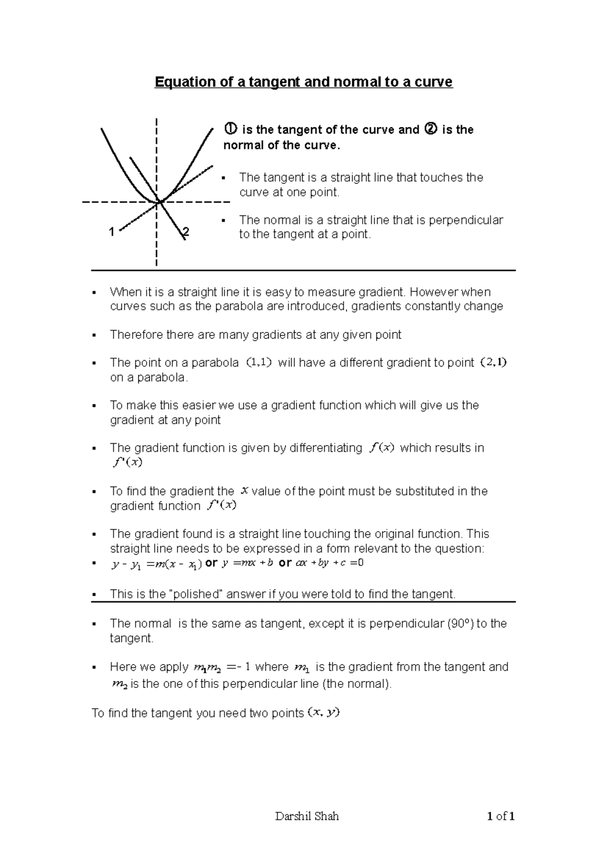 Maths 2 Unit Notes - Equation of a tangent and normal to a curve ...