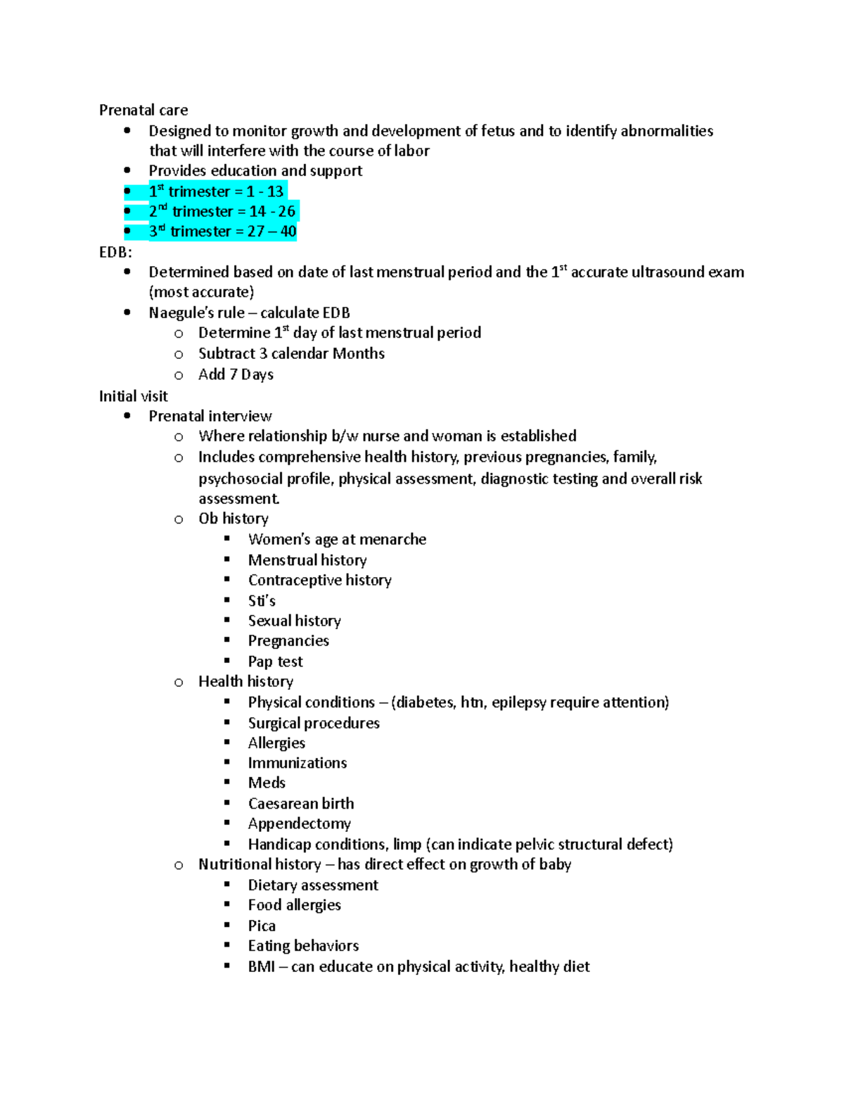 Prenatal care and maternal and fetal nutrition notes - Prenatal care ...