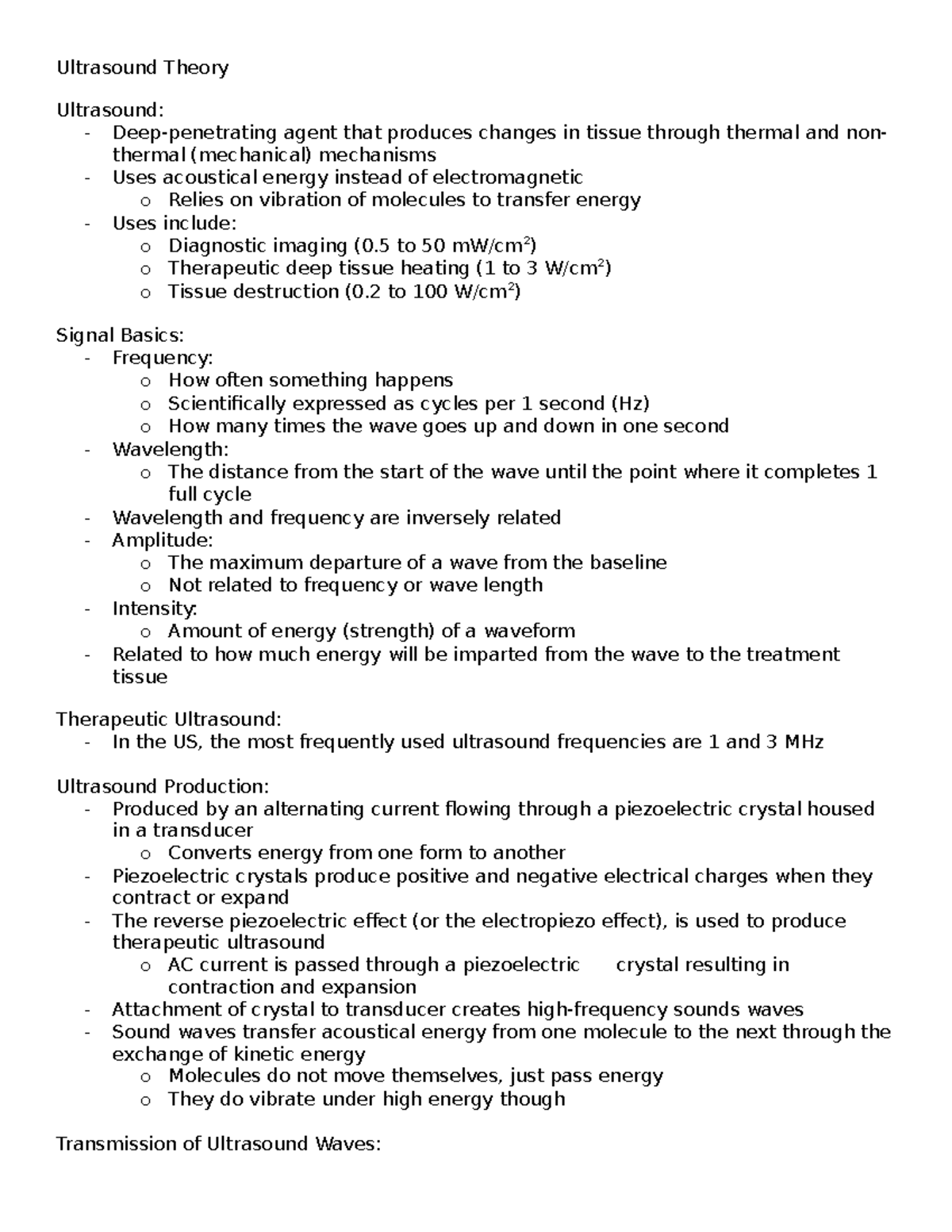 Ultrasound theory - Lecture notes US unit - ATTR 511 - EWU - Studocu