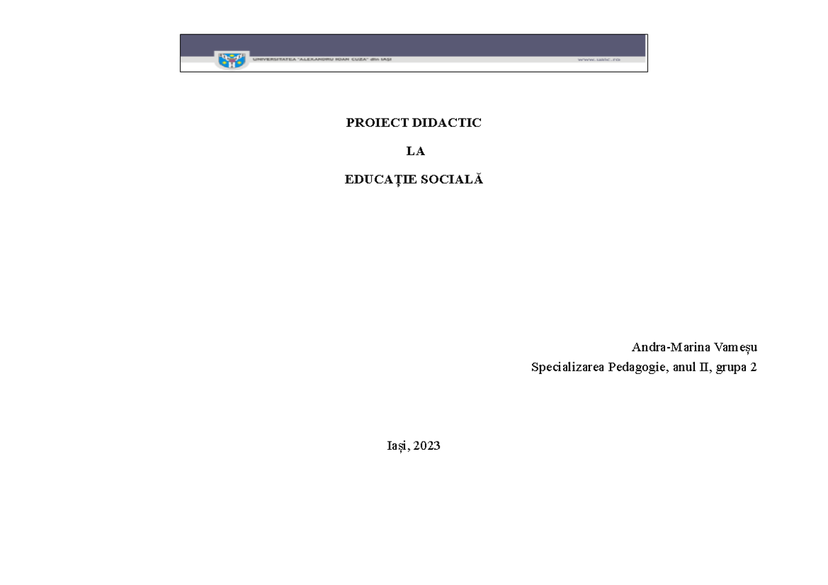 Proiect didactic Educație Socială - PROIECT DIDACTIC LA EDUCAȚIE ...