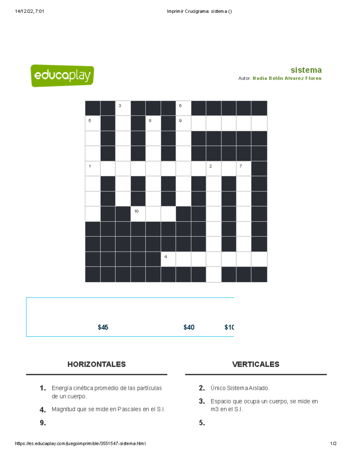 Imprimir Crucigrama sistema () - educaplay/juegoimprimible/3551547 ...