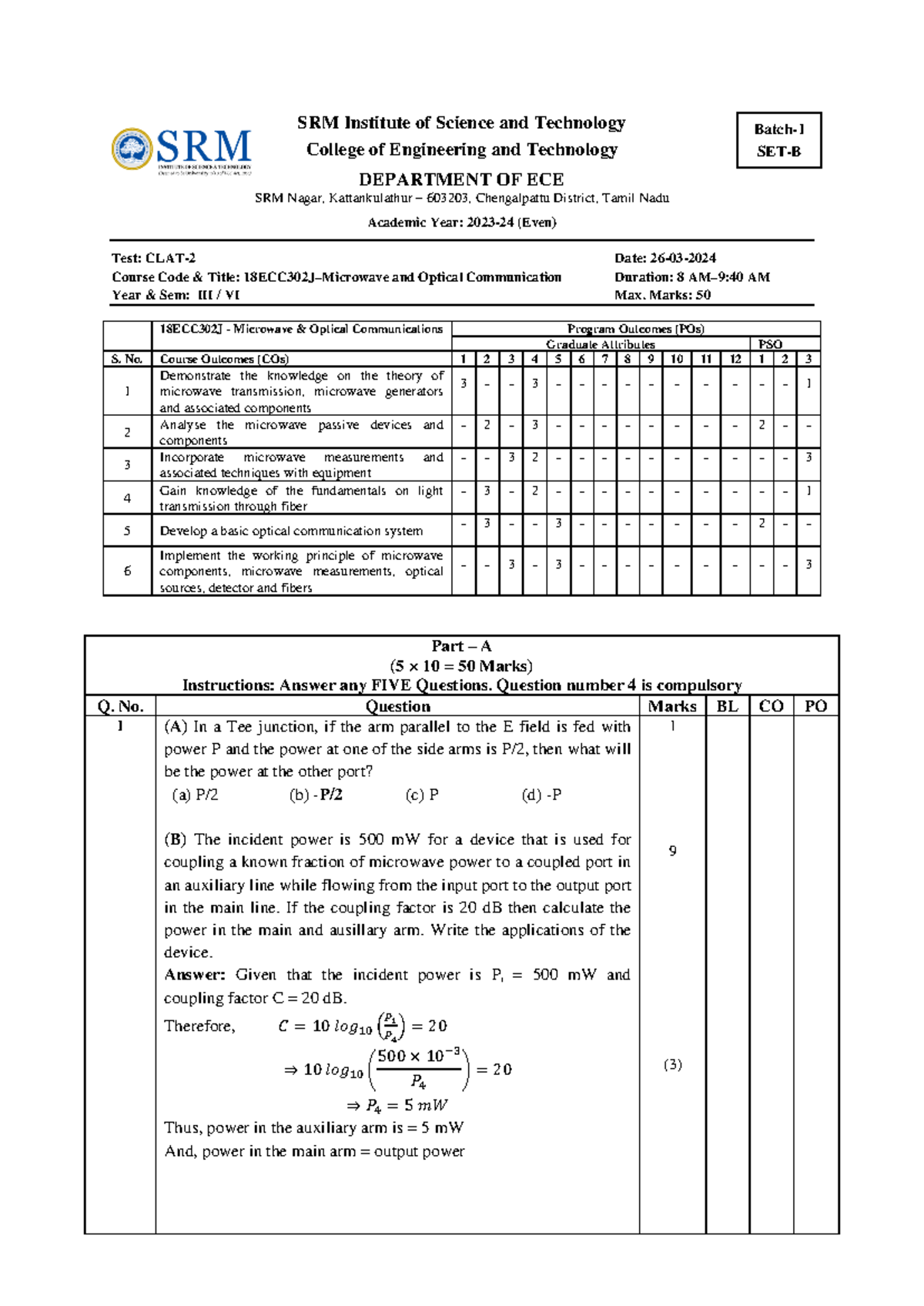 CT2 2023-2024 set B batch 1 - SRM Institute of Science and Technology College of Engineering and ...