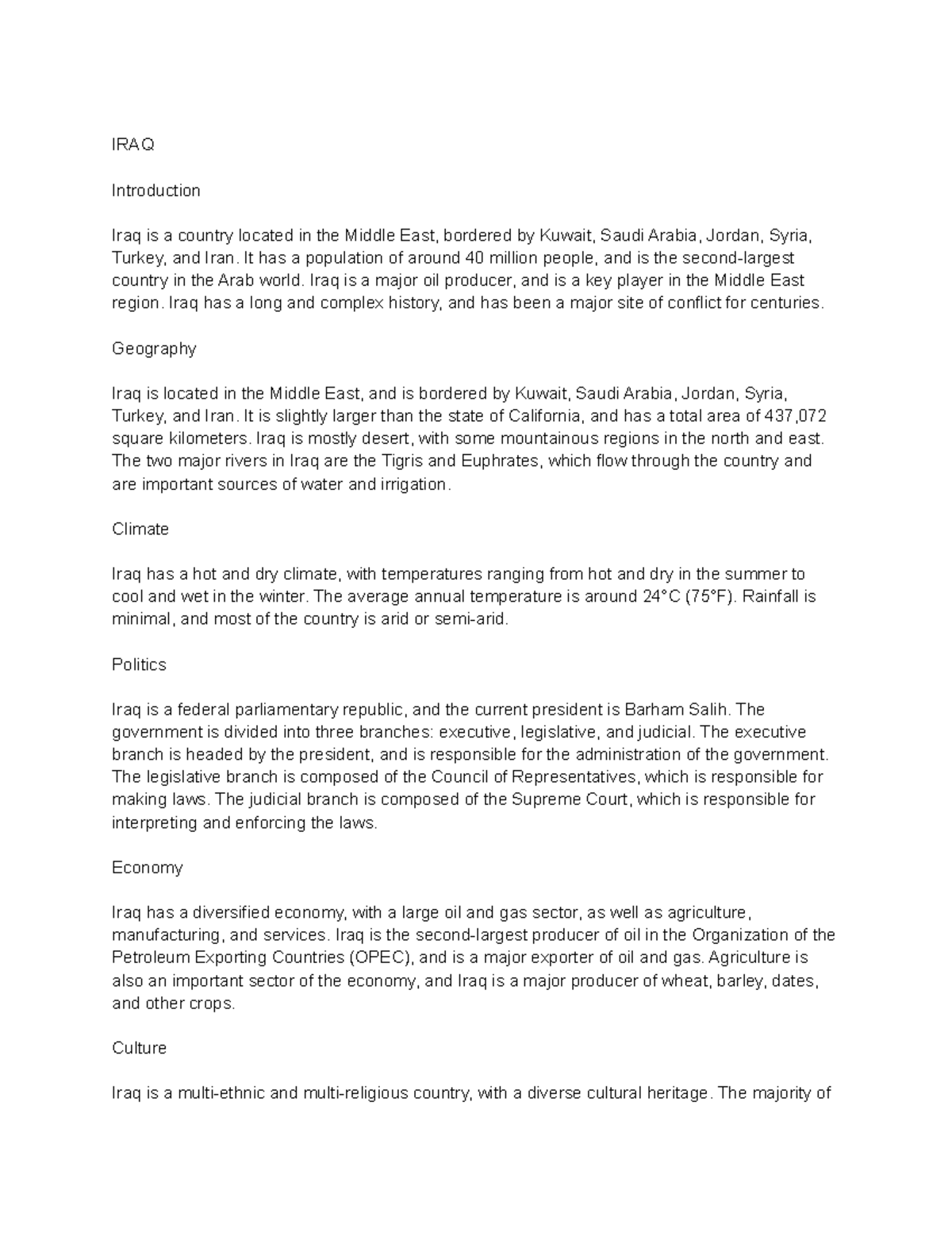 IRAQ - IRAQ.docx - IRAQ Introduction Iraq is a country located in the ...