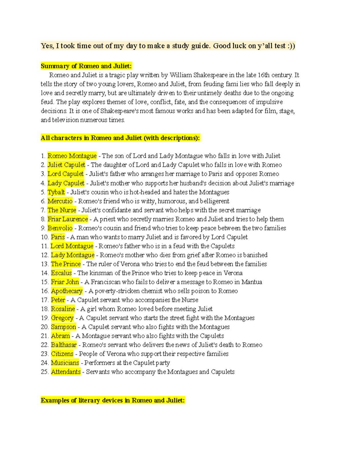 Study Guide for English 1 Exam - Yes, I took time out of my day to make ...