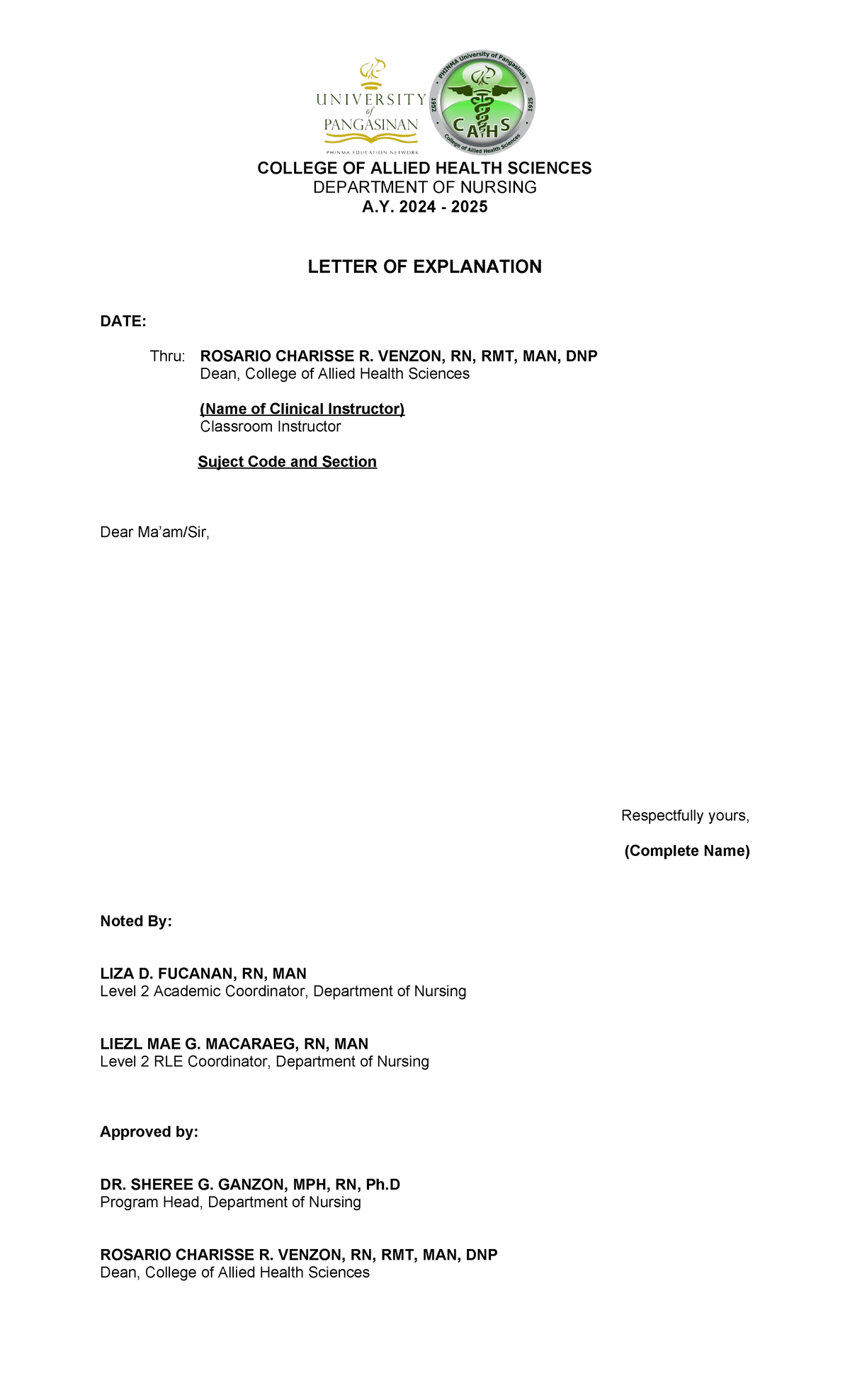 Revised Level 2 - Letter OF Explanation Template - COLLEGE OF ALLIED ...