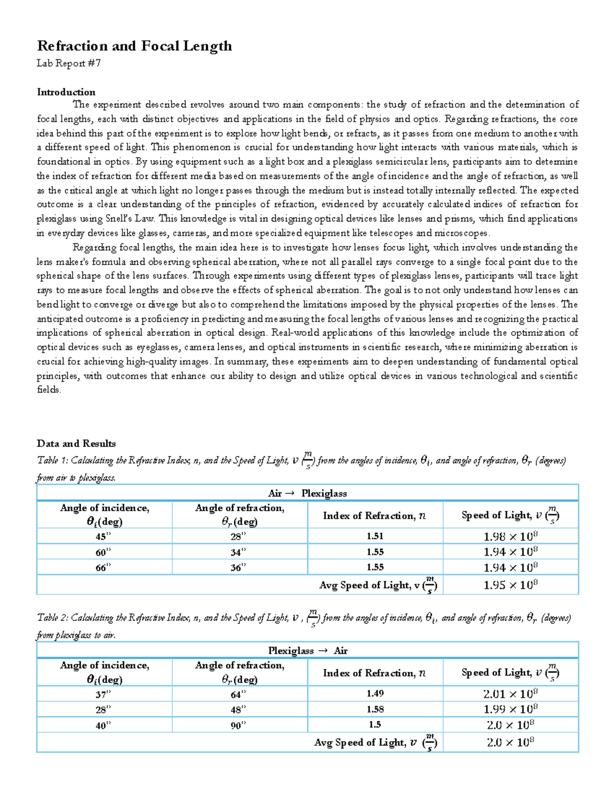 Lab Report #7 - focal length - Refraction and Focal Length Lab Report ...