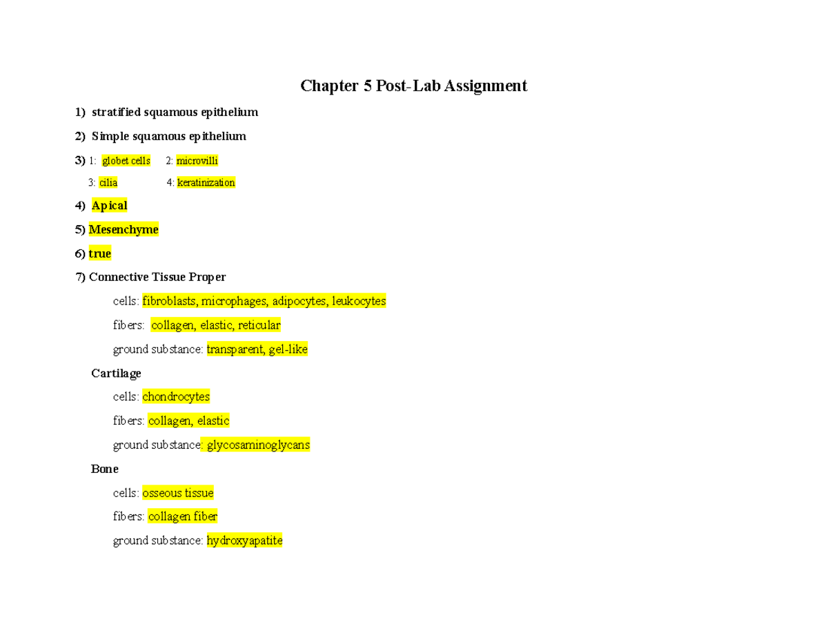 Chapter 5 Post-Lab Form - Chapter 5 Post-Lab Assignment 1) stratified squamous epithelium 2 ...