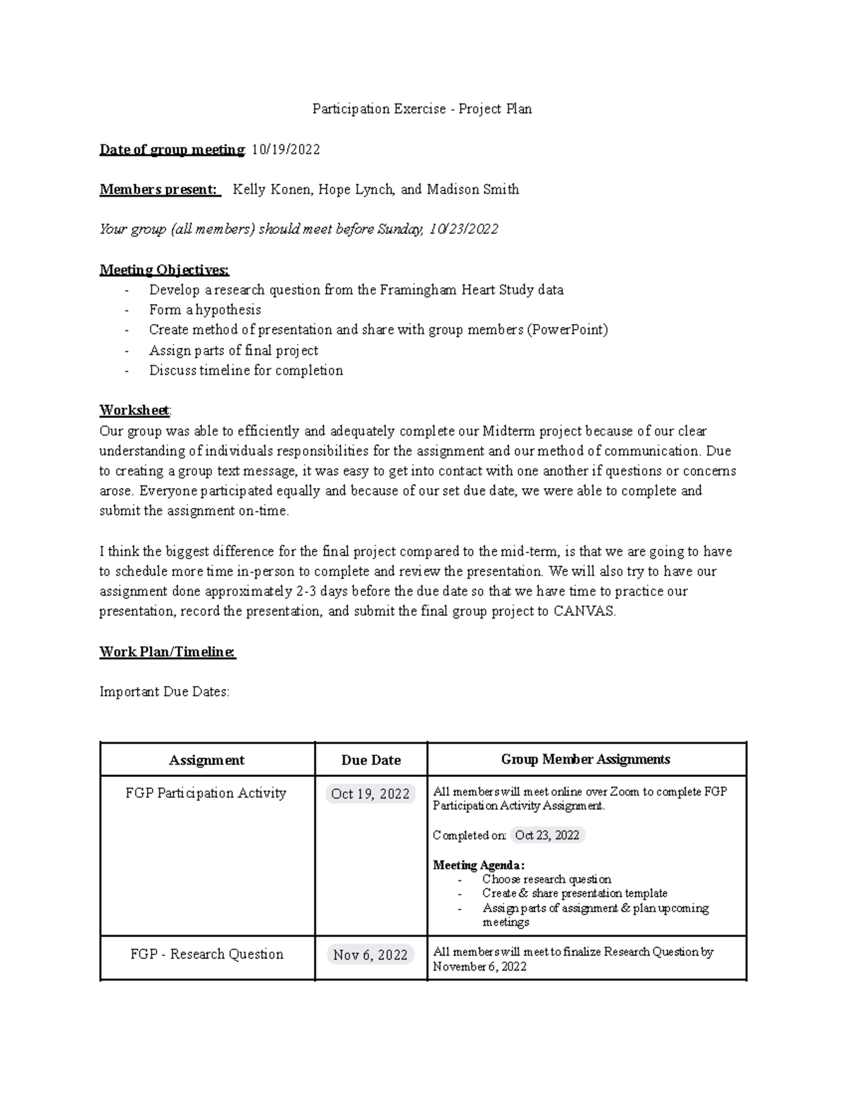 FGP Participation Activity - Participation Exercise - Project Plan Date of group meeting: 10/19 ...