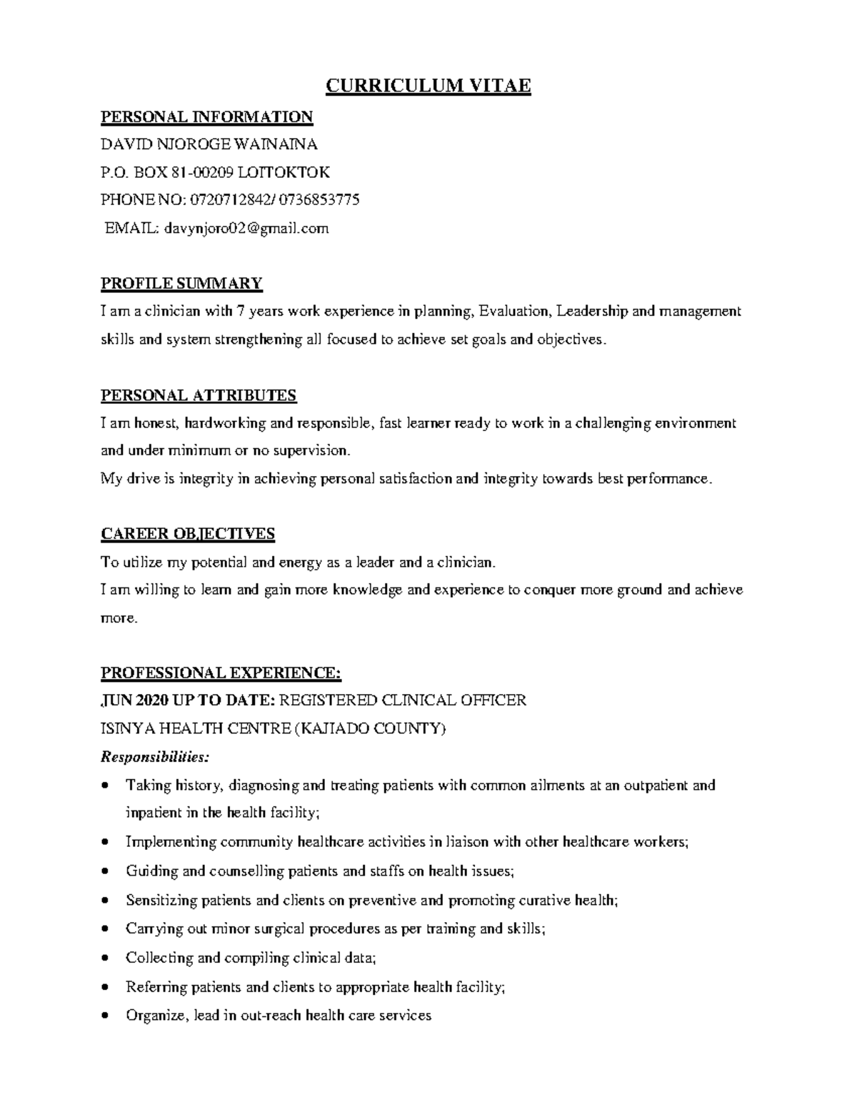 Davii cv2 - Mcqs - CURRICULUM VITAE PERSONAL INFORMATION DAVID NJOROGE ...