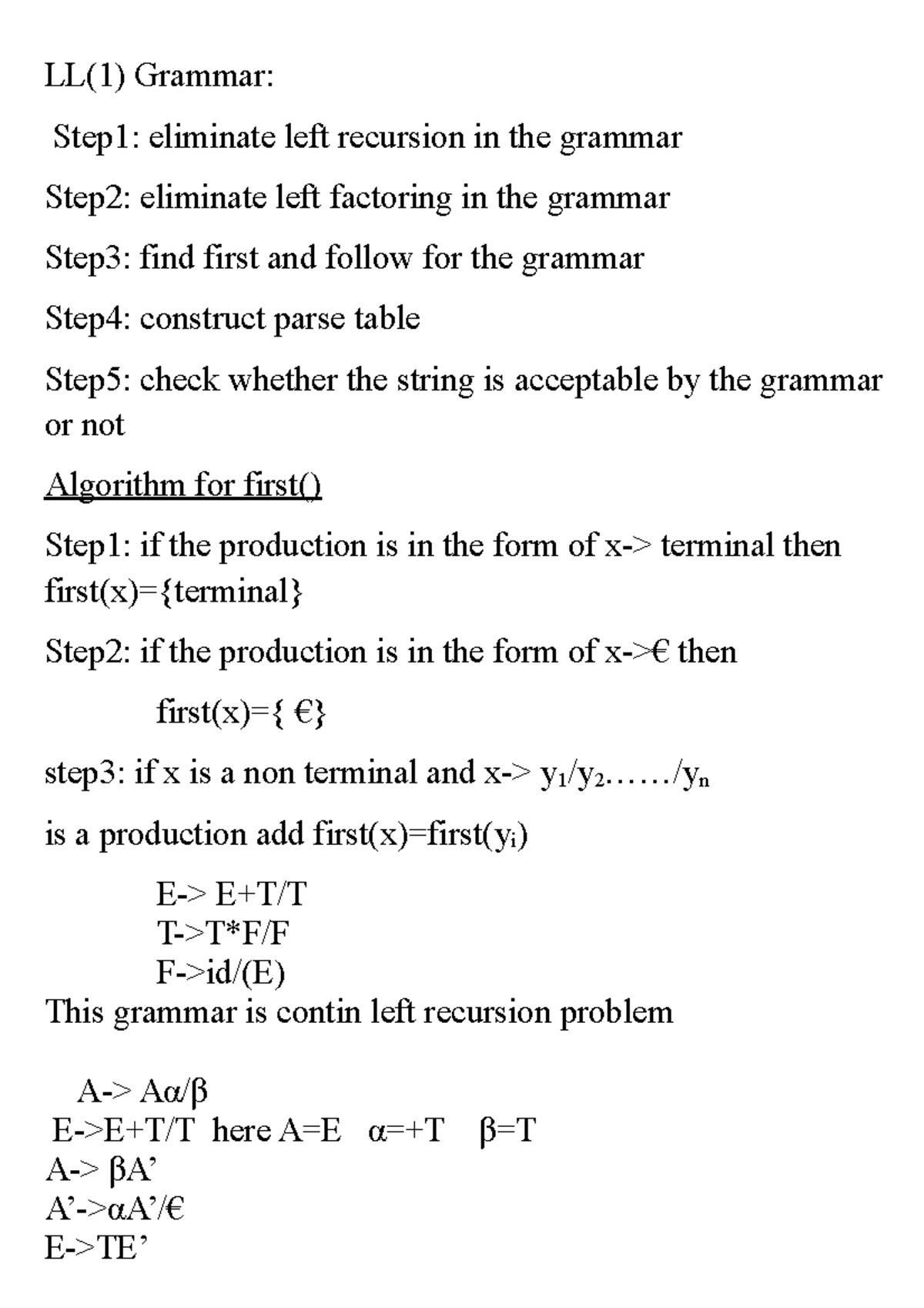 LL 1 grammar - compilier desing - LL(1) Grammar: Step1: eliminate left ...