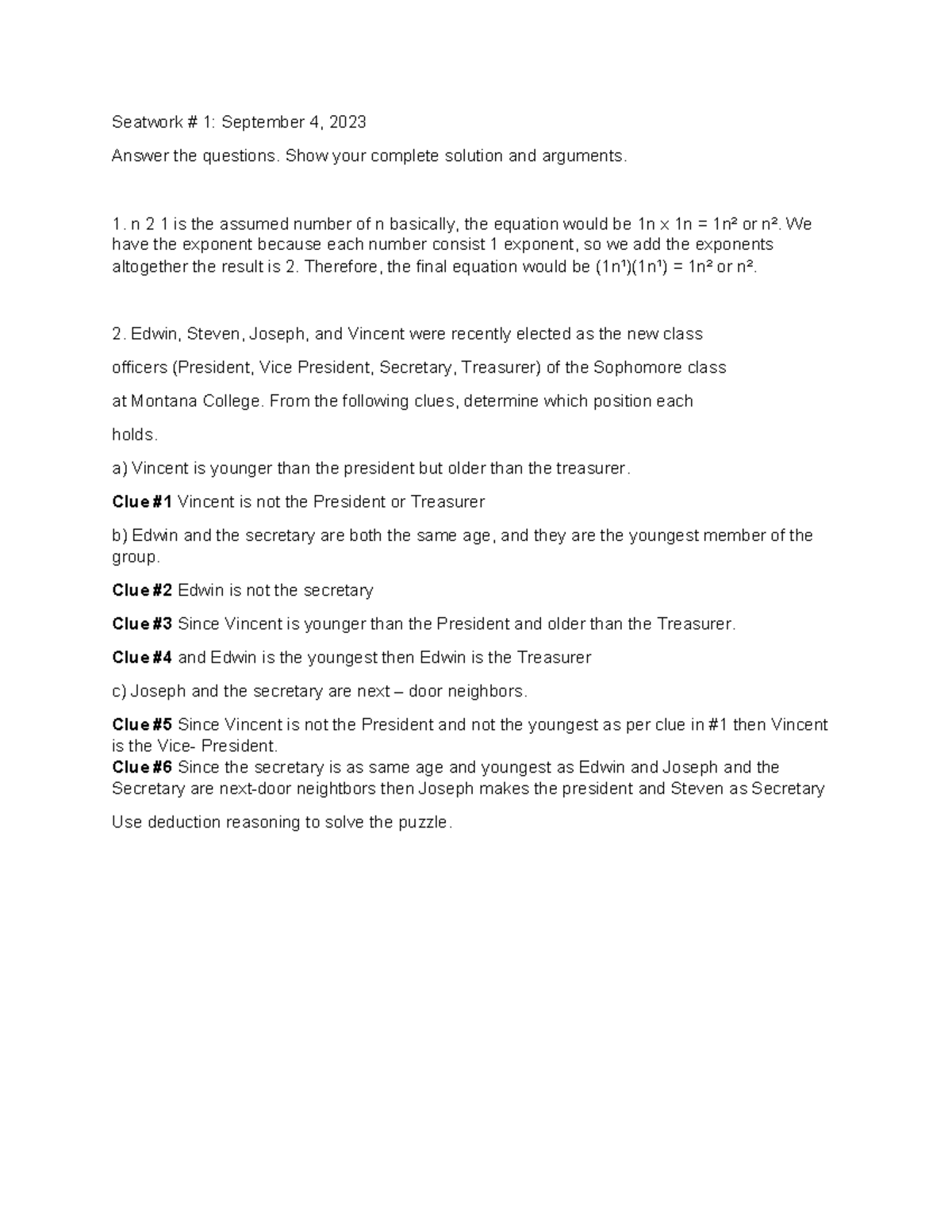 Reynard JAN Tampac BSBA-MM - Seatwork # 1: September 4, 2023 Answer the ...