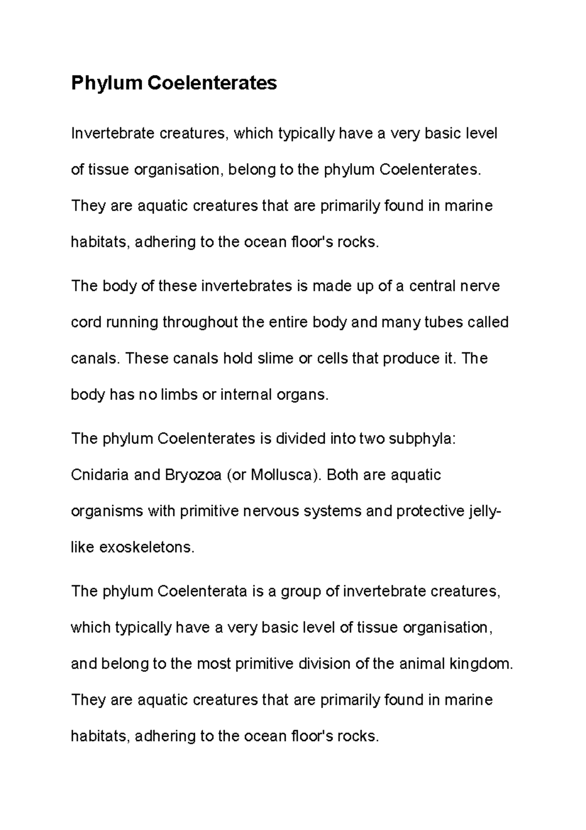Phylum Coelenterates - Notes - Phylum Coelenterates Invertebrate ...