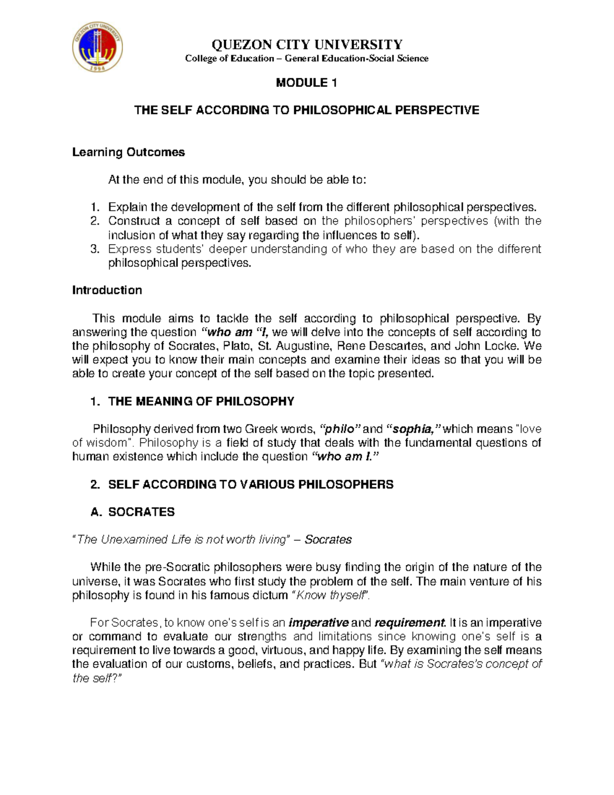 UTS.Module 1 - Helps to understand the self - College of Education – General Education-Social ...