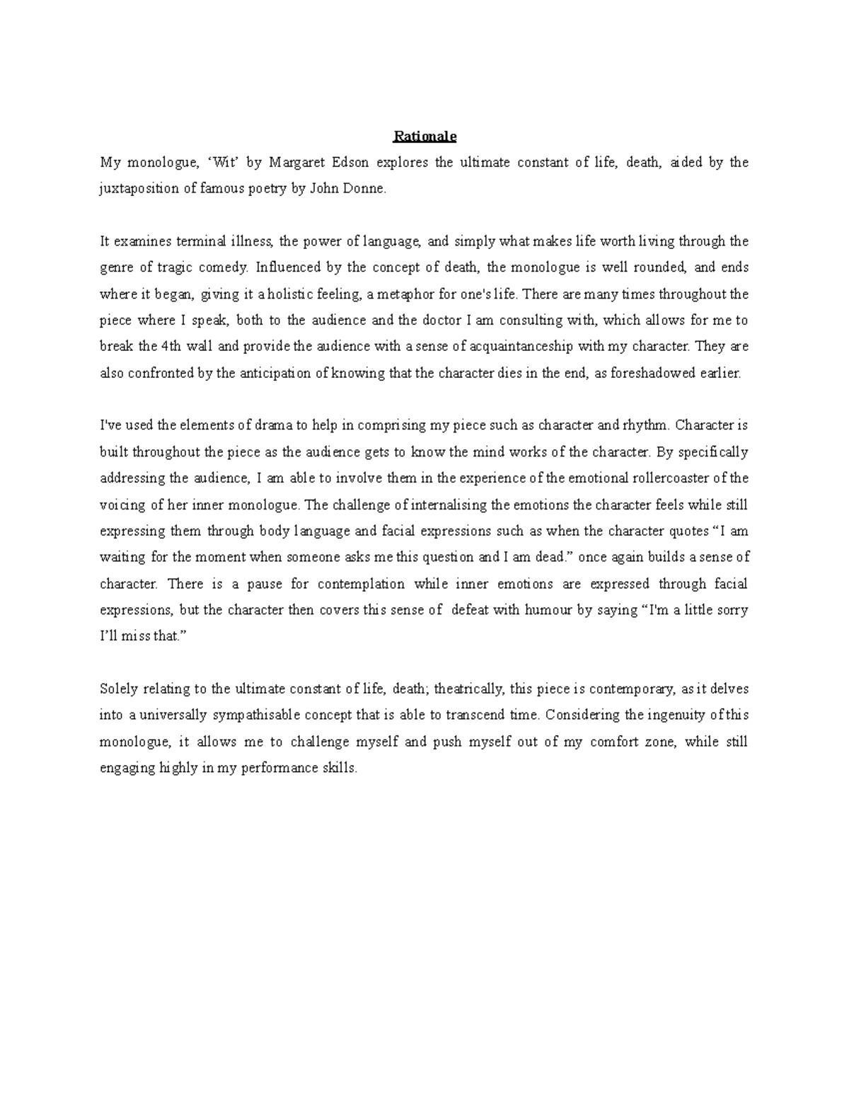Drama - Rationale - Rationale My monologue, ‘Wit’ by Margaret Edson ...