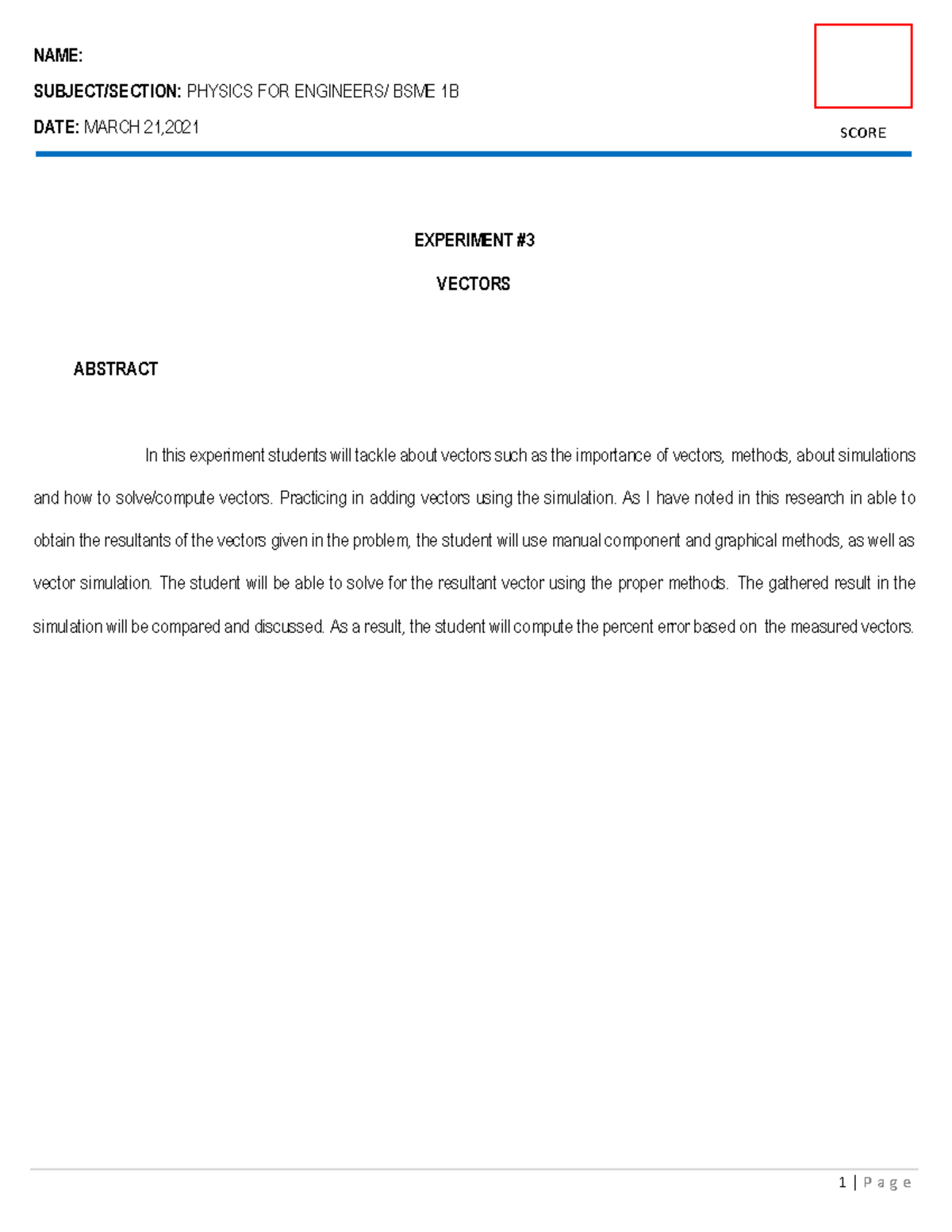 Laboratory Report 3 Vectors - College Physics 1 - PangSU - Studocu