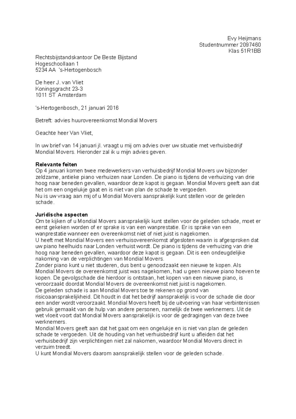 Adviesbrief P2 - Evy Heijmans Studentnummer 2097460 Klas 51R1BB ...