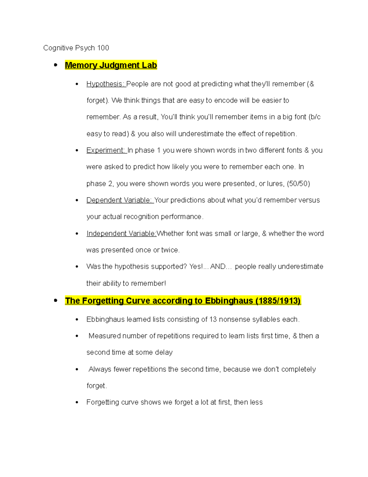 PSC 100 DAY 26 - Memory Judgment Lab - Cognitive Psych 100 Memory ...