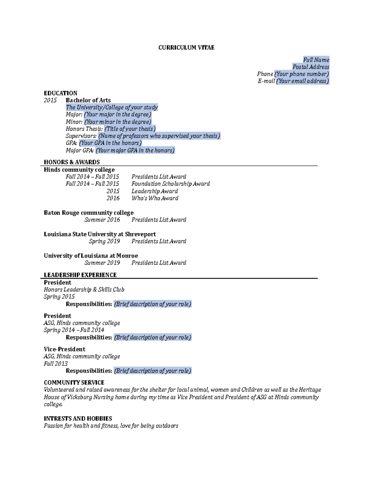 Academic CV Writing Format - CURRICULUM VITAE Full Name Postal Address ...
