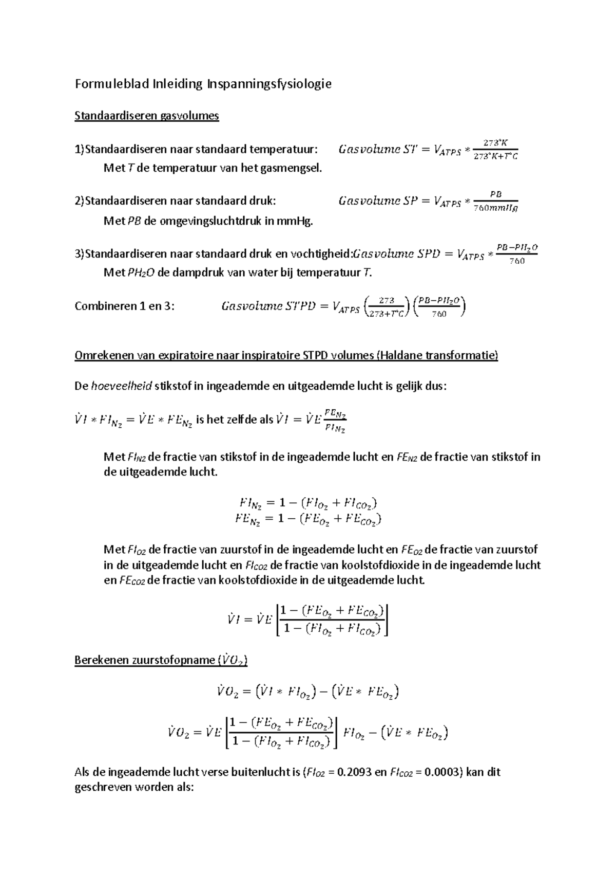 Formuleblad Inleiding Inspanningsfysiologie - Formuleblad Inleiding ...