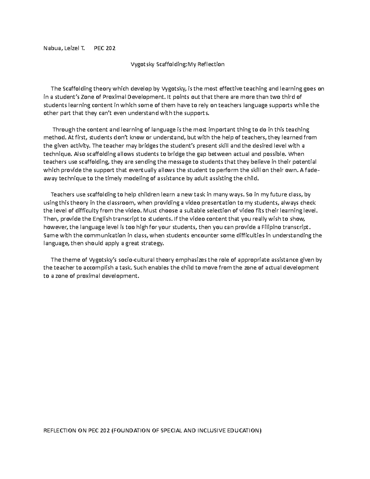 PEC 202 Assignment - Nabua, Leizel T. PEC 202 Vygotsky Scaffolding:My ...