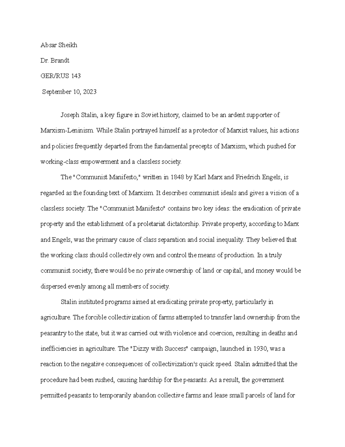 L03 Stalin Essay - Absar Sheikh Dr. Brandt GER/RUS 143 September 10 ...