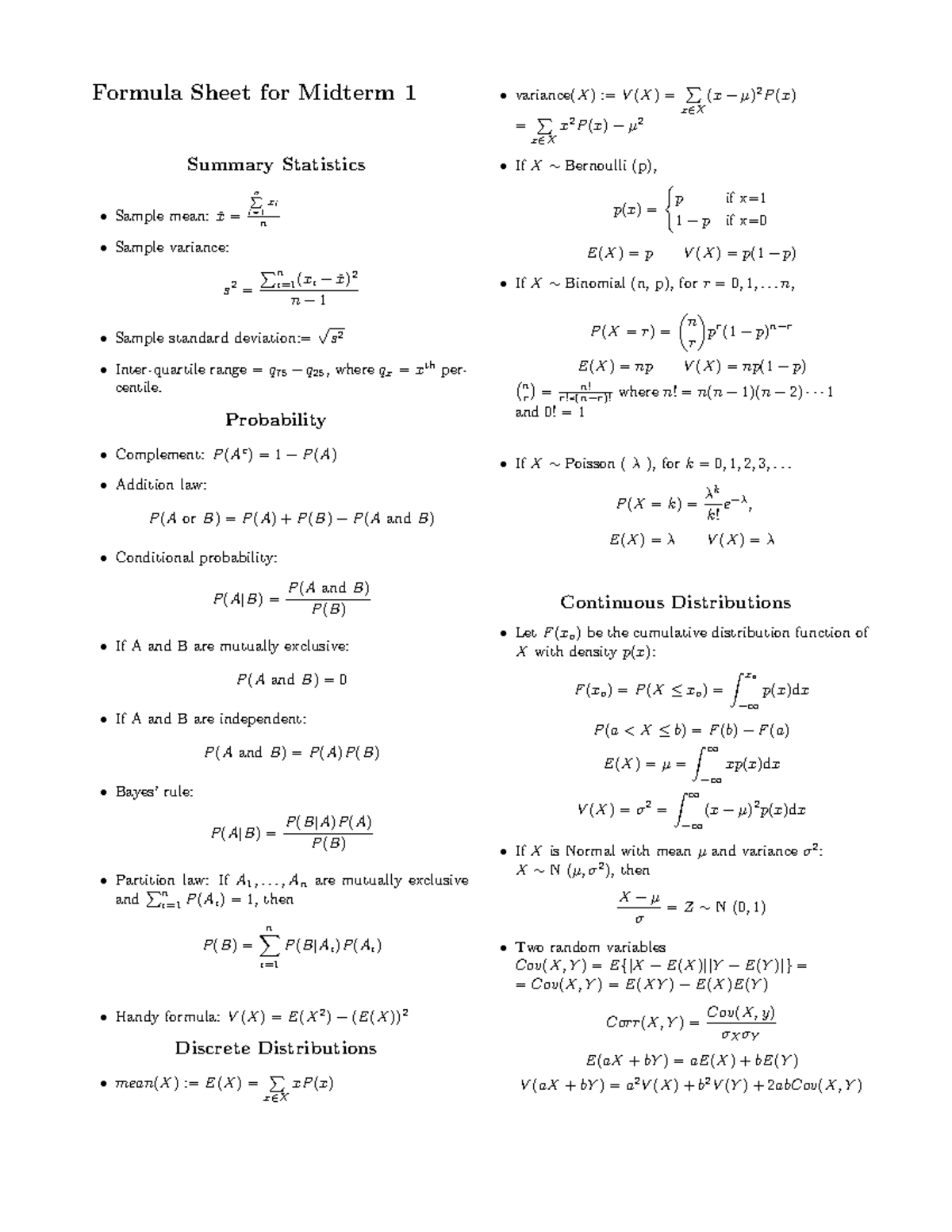 S1 Formula Sheet - Notes for discreet mathematics - Formula Sheet for ...