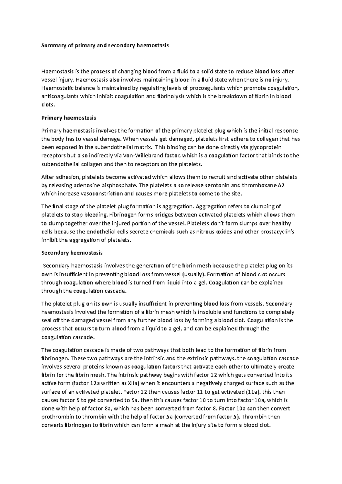Summary of primary and secondary haemostasis - Summary of primary and ...