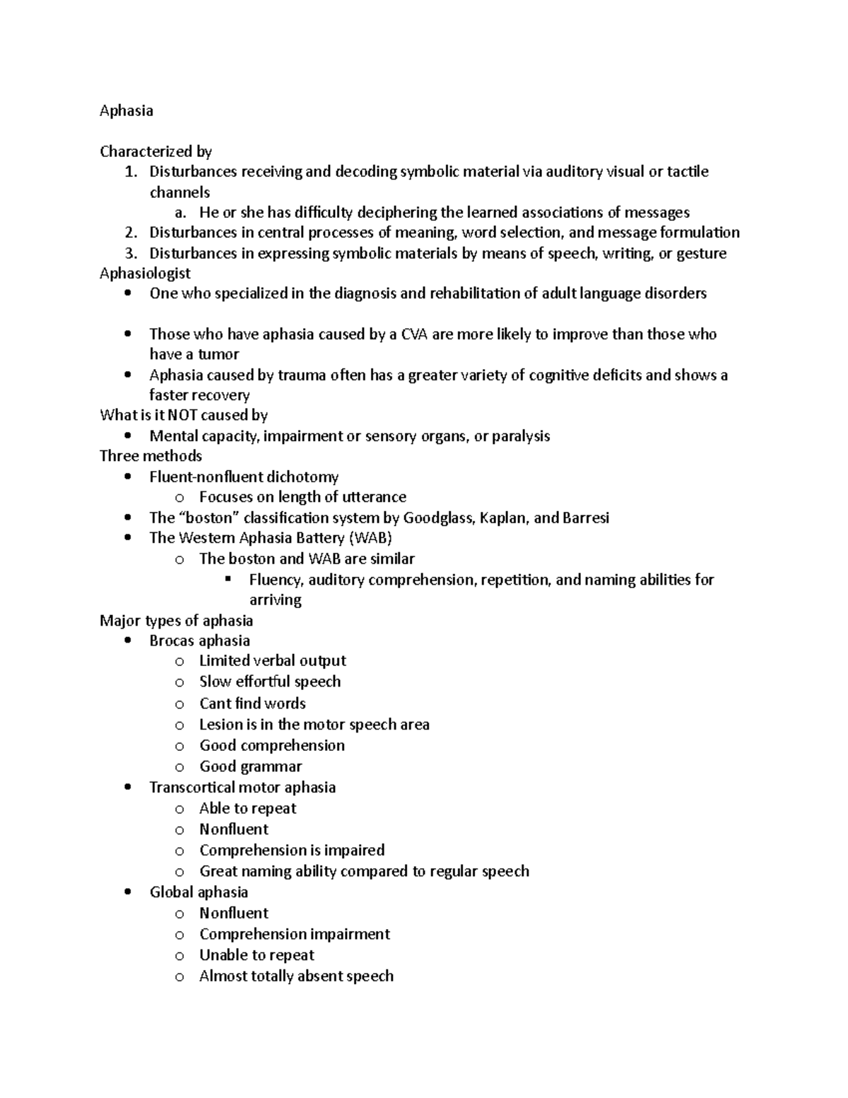Aphasia - powerpoint notes - Aphasia Characterized by 1. Disturbances ...