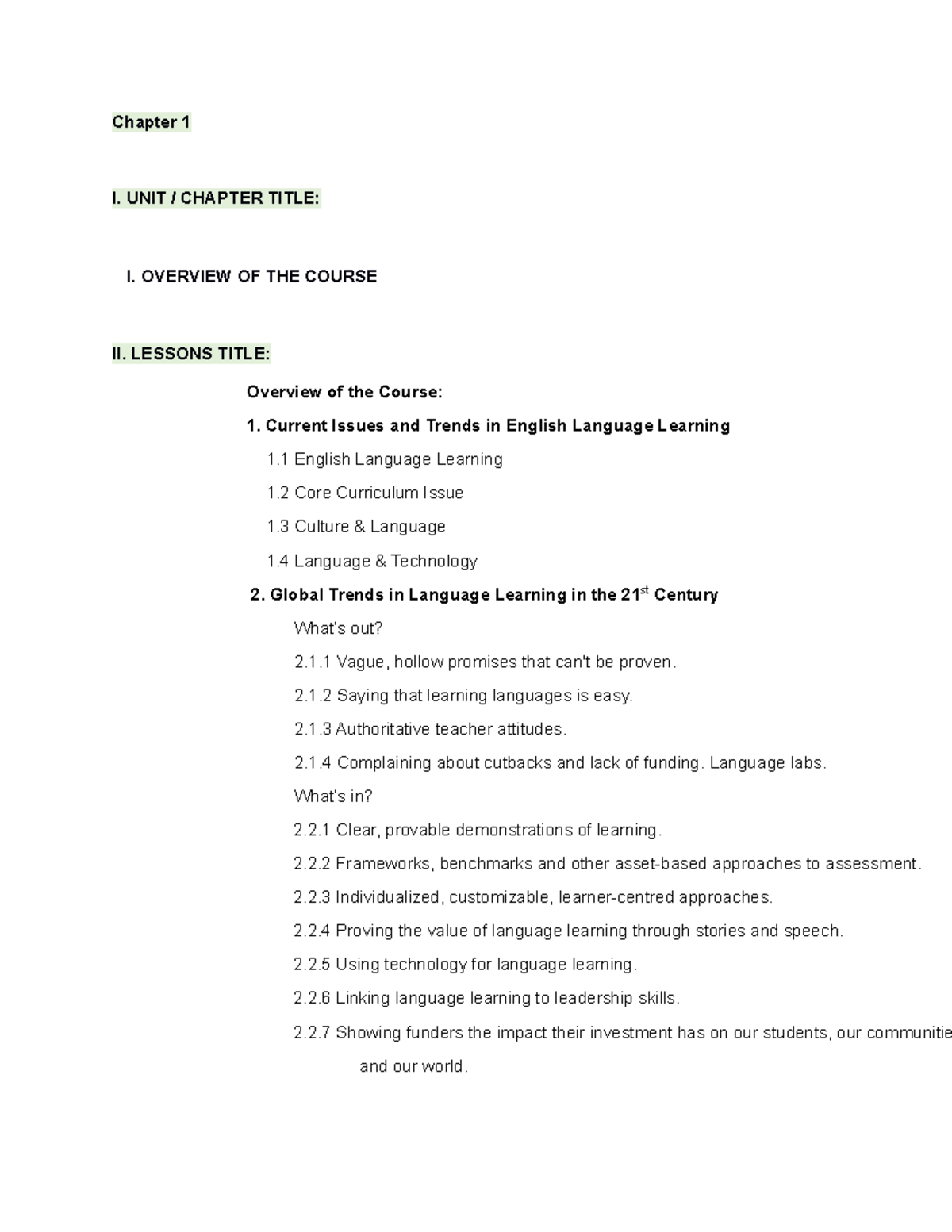 Issues And Perspective in English Language Studies 1 - Chapter 1 I. UNIT / CHAPTER TITLE: I ...