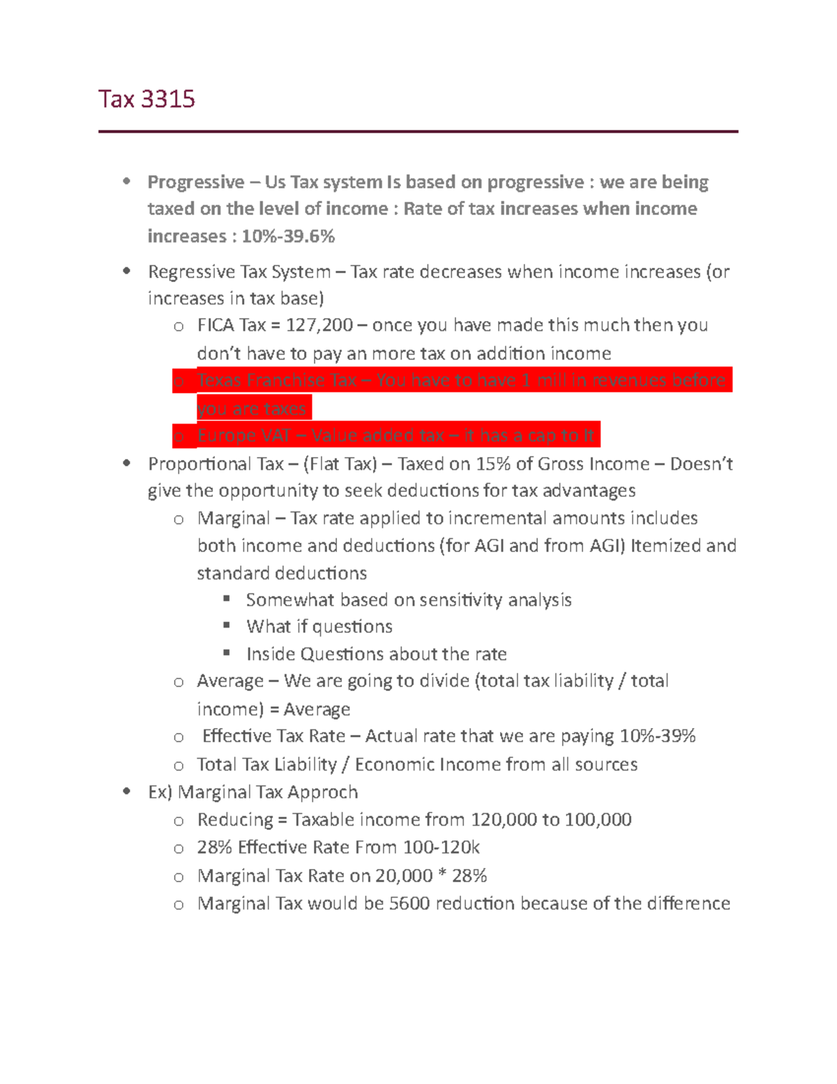 Tax 3315 - Lecture Notes - Tax 3315 Progressive – Us Tax system Is ...
