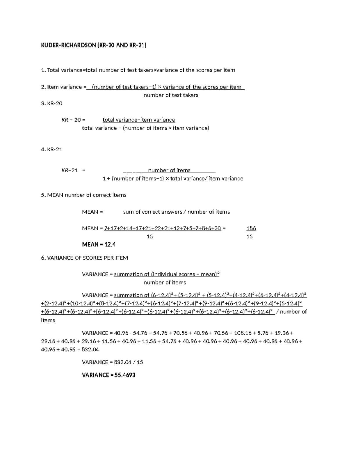 KR2021 - KUDER-RICHARDSON (KR-20 AND KR-21) Total variance=total number ...
