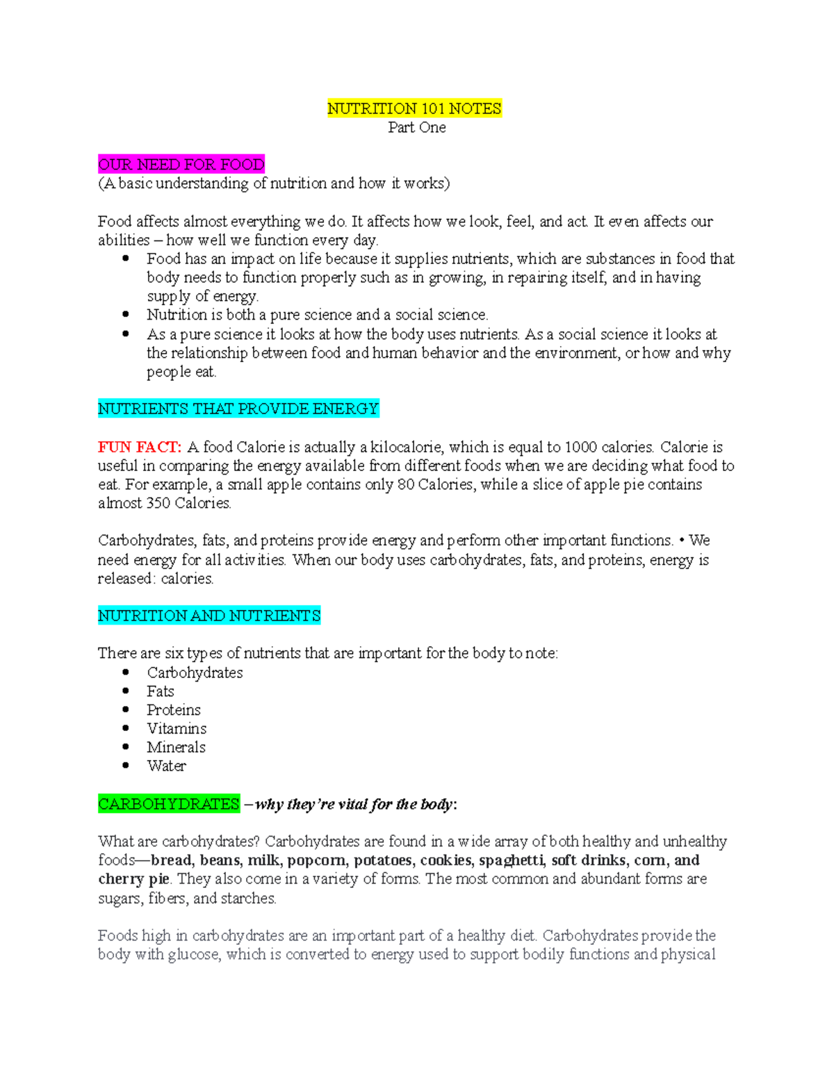 Nutrition 101 Notes Part One - NUTRITION 101 NOTES Part One OUR NEED ...