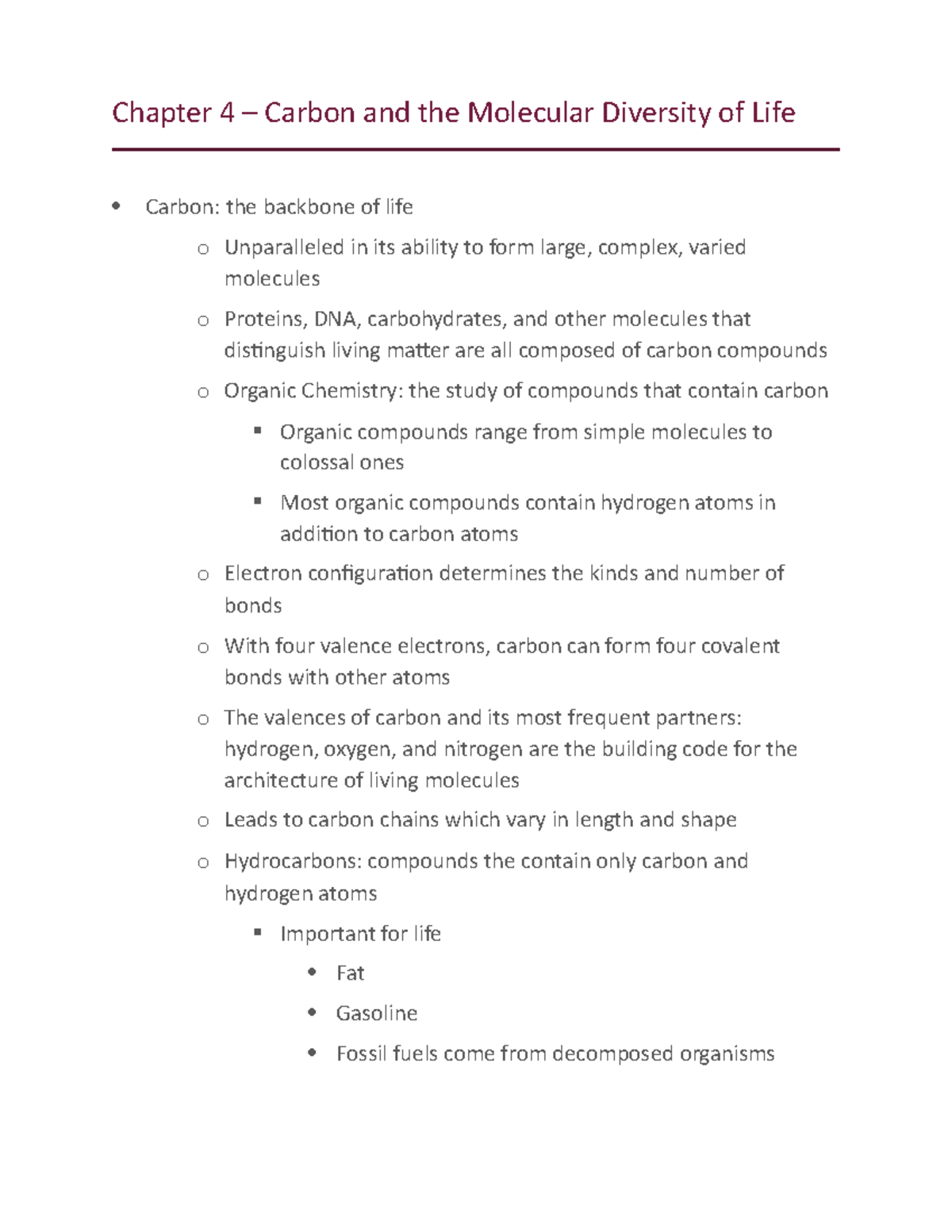 Biology 101 Chapter 4 – Carbon and the Molecular Diversity of Life ...