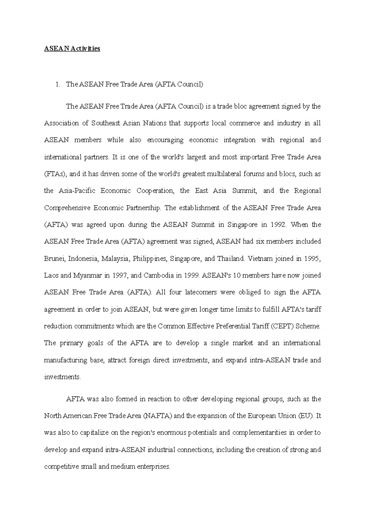 Asean Activities 1 (PAD381) - ASEAN Activities The ASEAN Free Trade ...