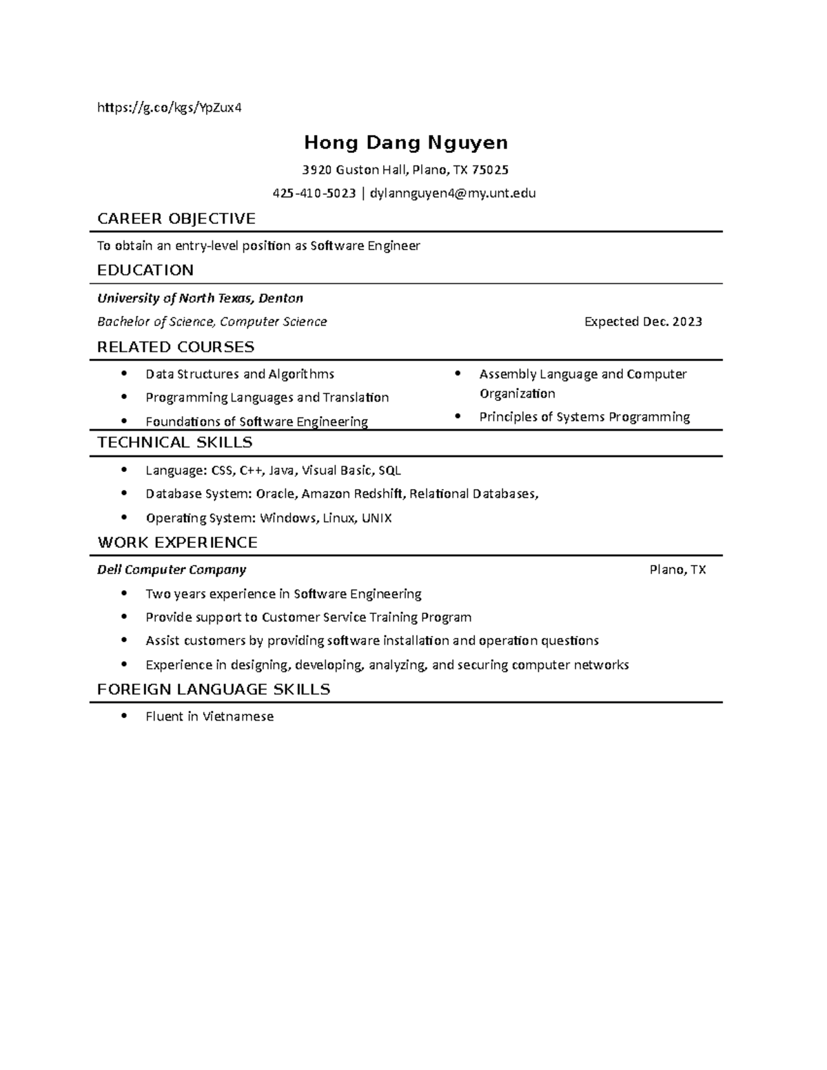 Creating a Resume Shell in MS-Word - g/kgs/YpZux Hong Dang Nguyen 3920 ...