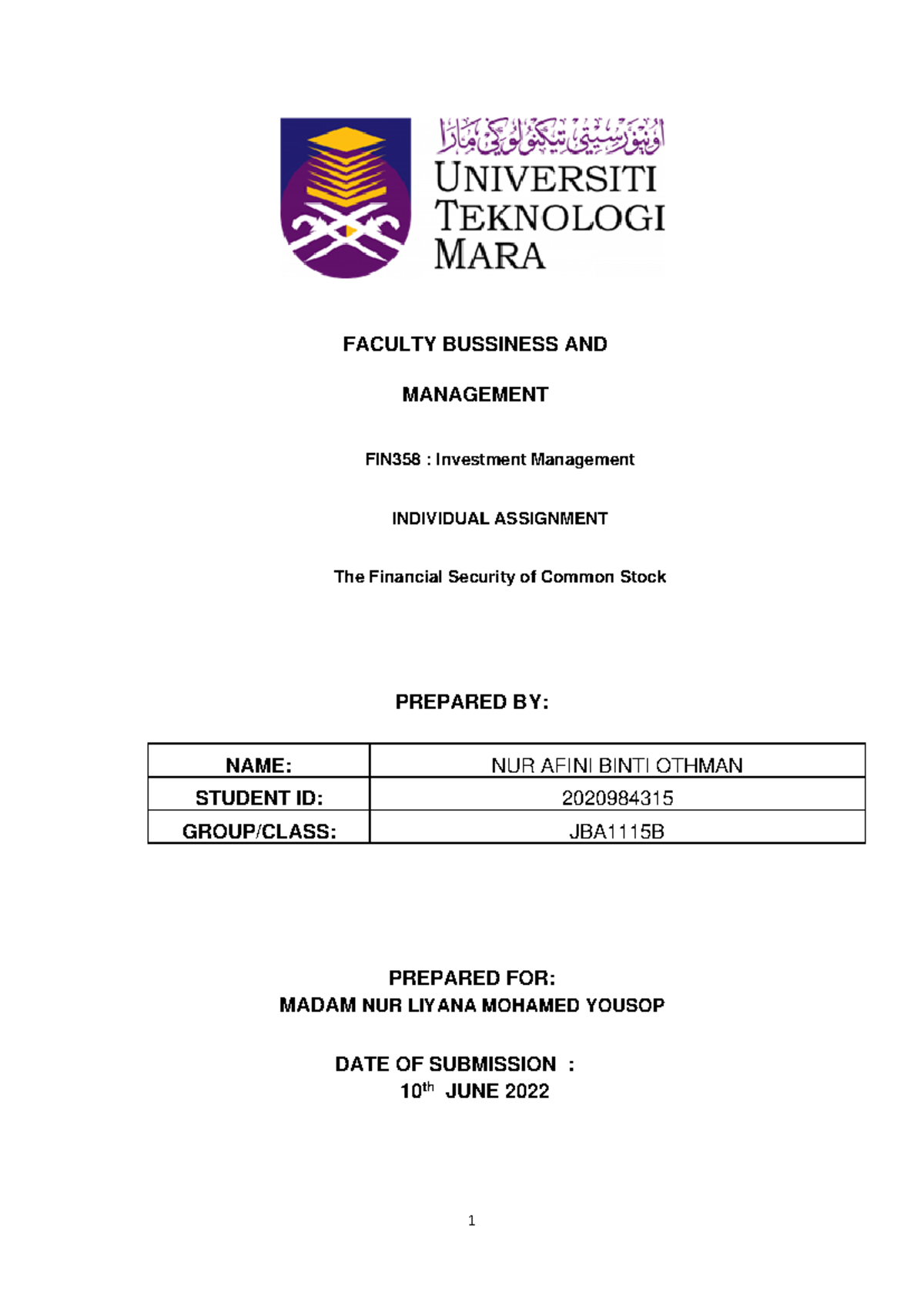 Individual assignment FIN358 - FACULTY BUSSINESS AND MANAGEMENT FIN358 ...