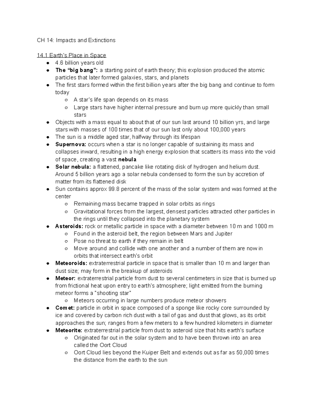 CH 14 Book Notes - Impacts and Extinctions - CH 14: Impacts and ...