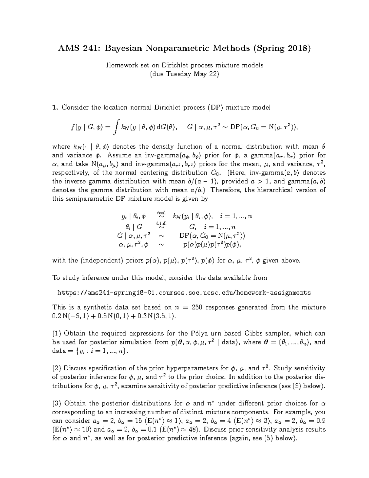 Hwk3 Ams241 Bayesian Nonparametric Methods Ams 241 Bayesian Nonparametric Methods Spring
