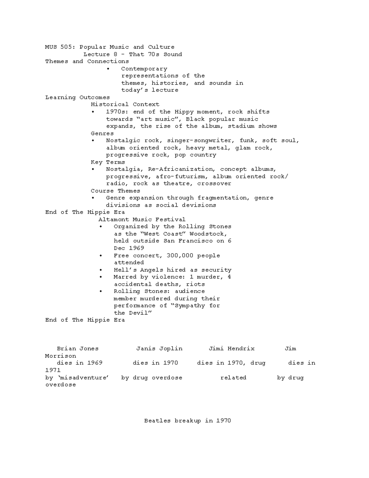 MUS 505 Lecture 8 That 70s Sound - MUS 505: Popular Music and Culture ...