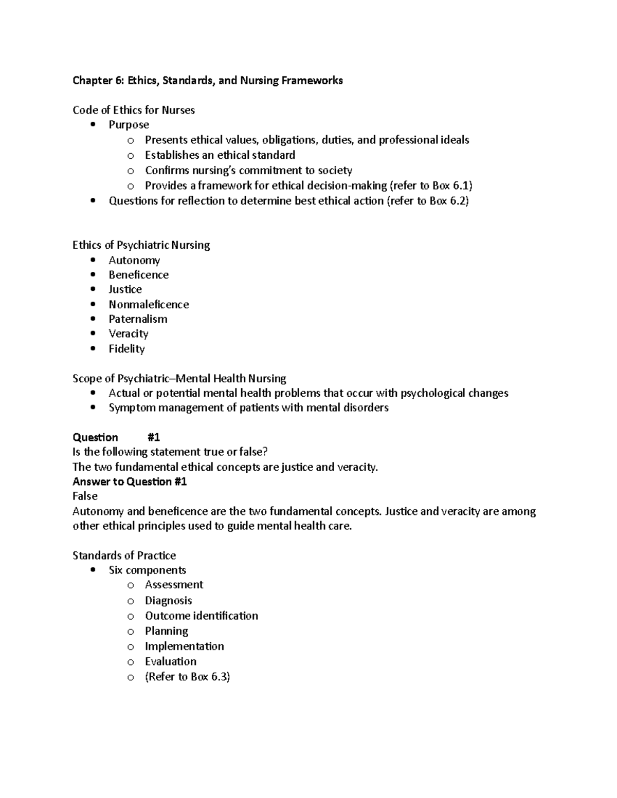Psych Ch 6 - Chapter 6: Ethics, Standards, and Nursing Frameworks Code of Ethics for Nurses ...