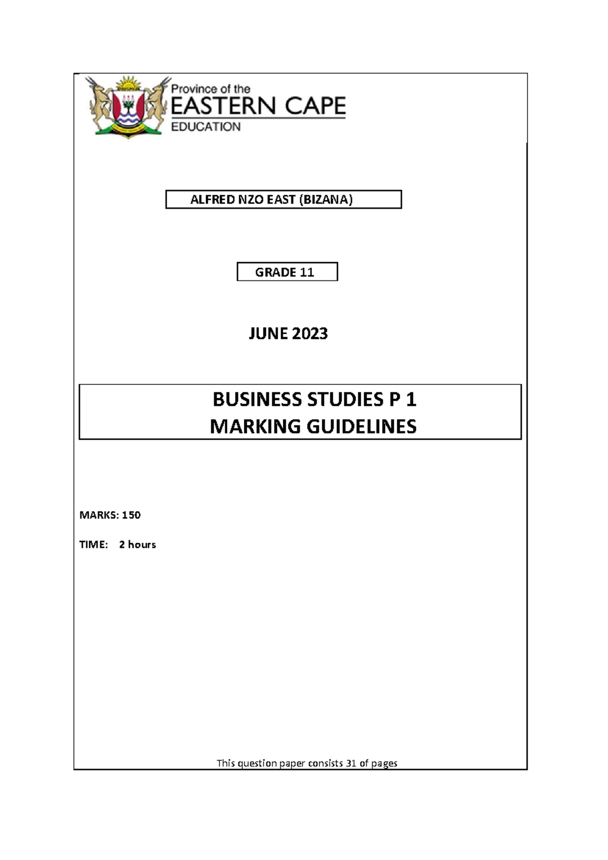 Paper 1 MEMO - Study pad - ALFRED NZO EAST (BIZANA) GRADE 11 JUNE 2023 ...