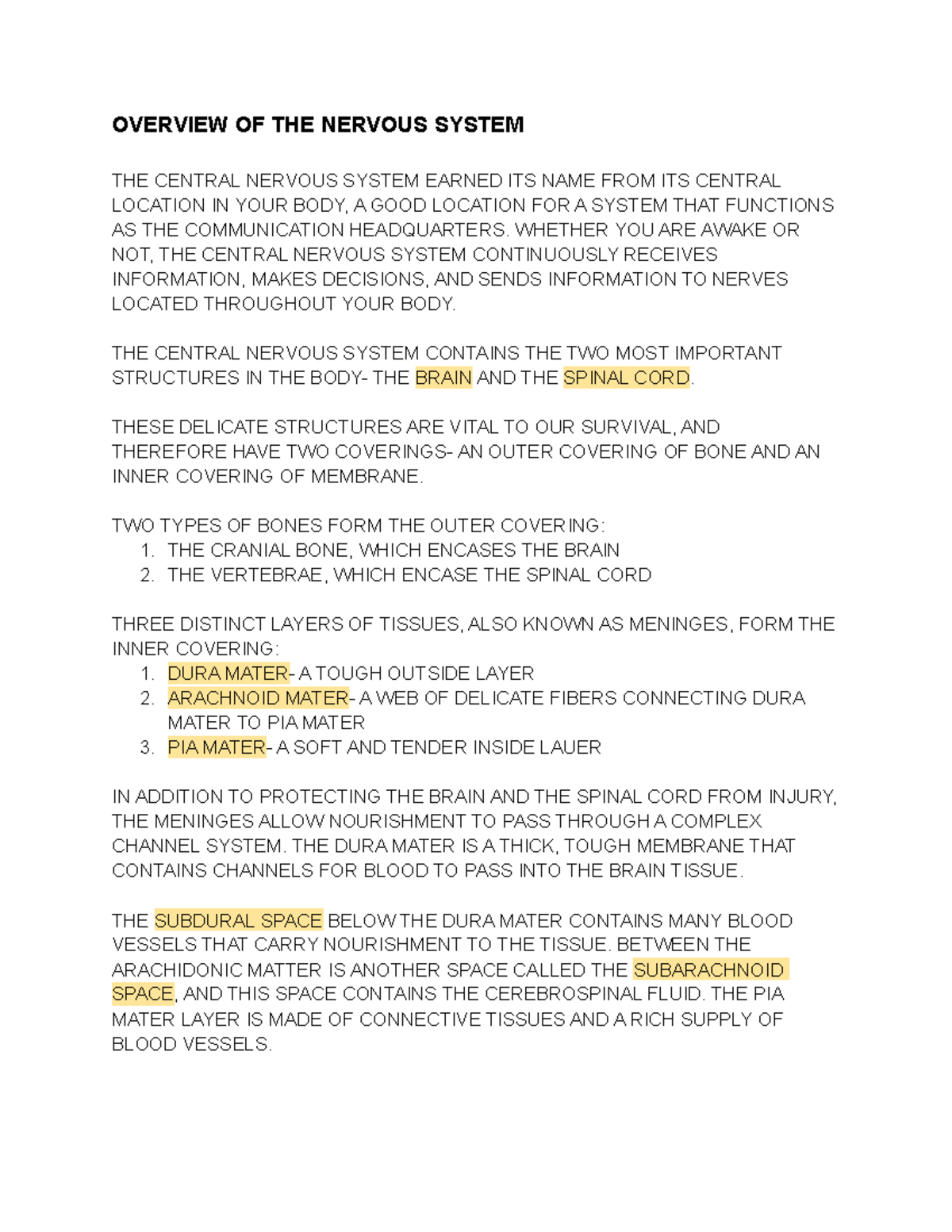 Overview OF THE Nervous System - OVERVIEW OF THE NERVOUS SYSTEM THE CENTRAL NERVOUS SYSTEM ...