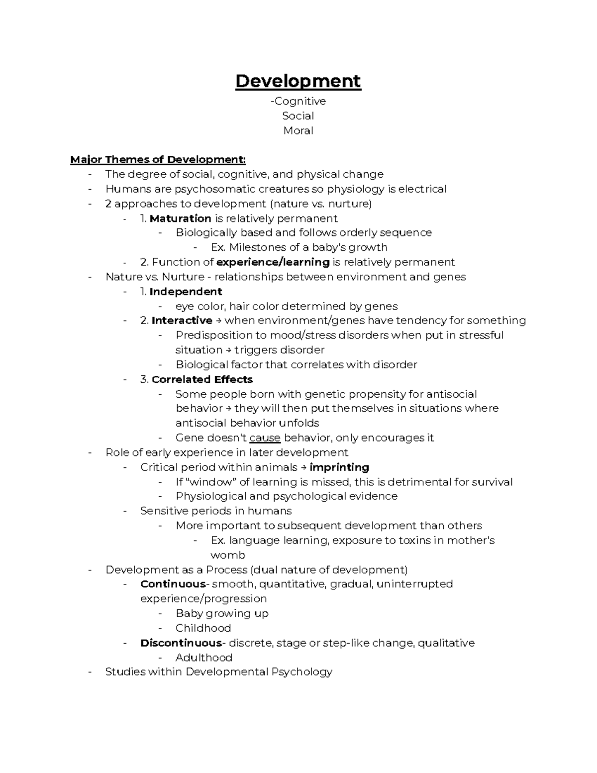 Intro Psychology Exam 4 Class Notes - Development -Cognitive Social ...