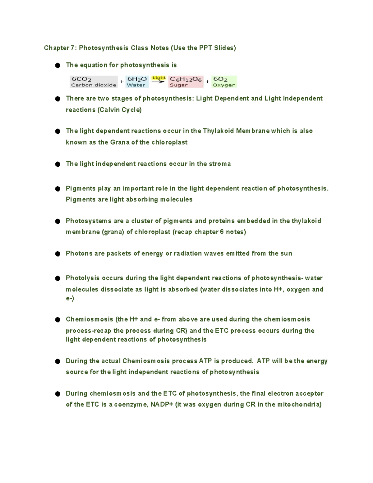 Chapter 7 - discusses the process of photosynthesis - Chapter 7 ...