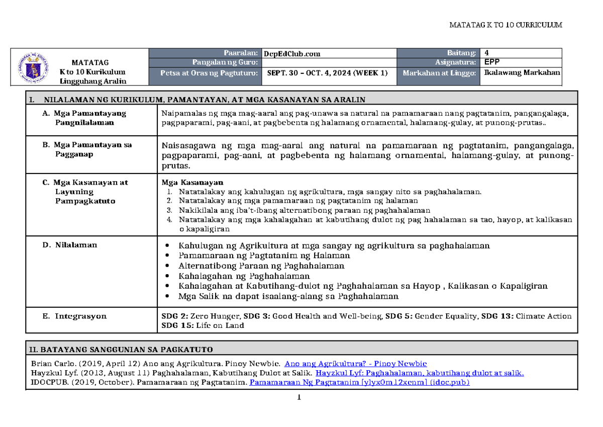DLL Matatag EPP 4 Q2 W1 - Teaching guide. - MATATAG K to 10 Kurikulum Lingguhang Aralin Paaralan ...