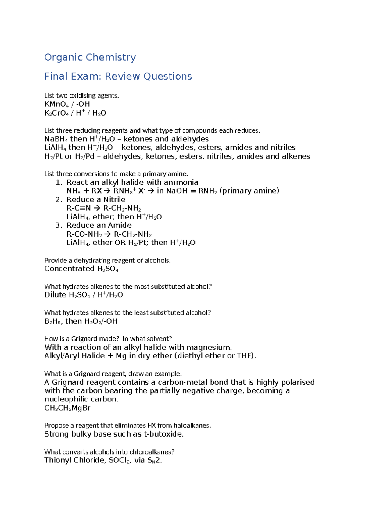 Final Exam Review Questions - Organic Chemistry Final Exam: Review ...